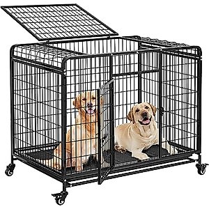 Azaeahom 49" Heavy Duty Dog Crate for Large Dogs, Extra Large Dog Cage Kennel with Double Door, 360°Lockable Wheels, Removable Tray for Easy Cleaning, Indoor/Outdoor