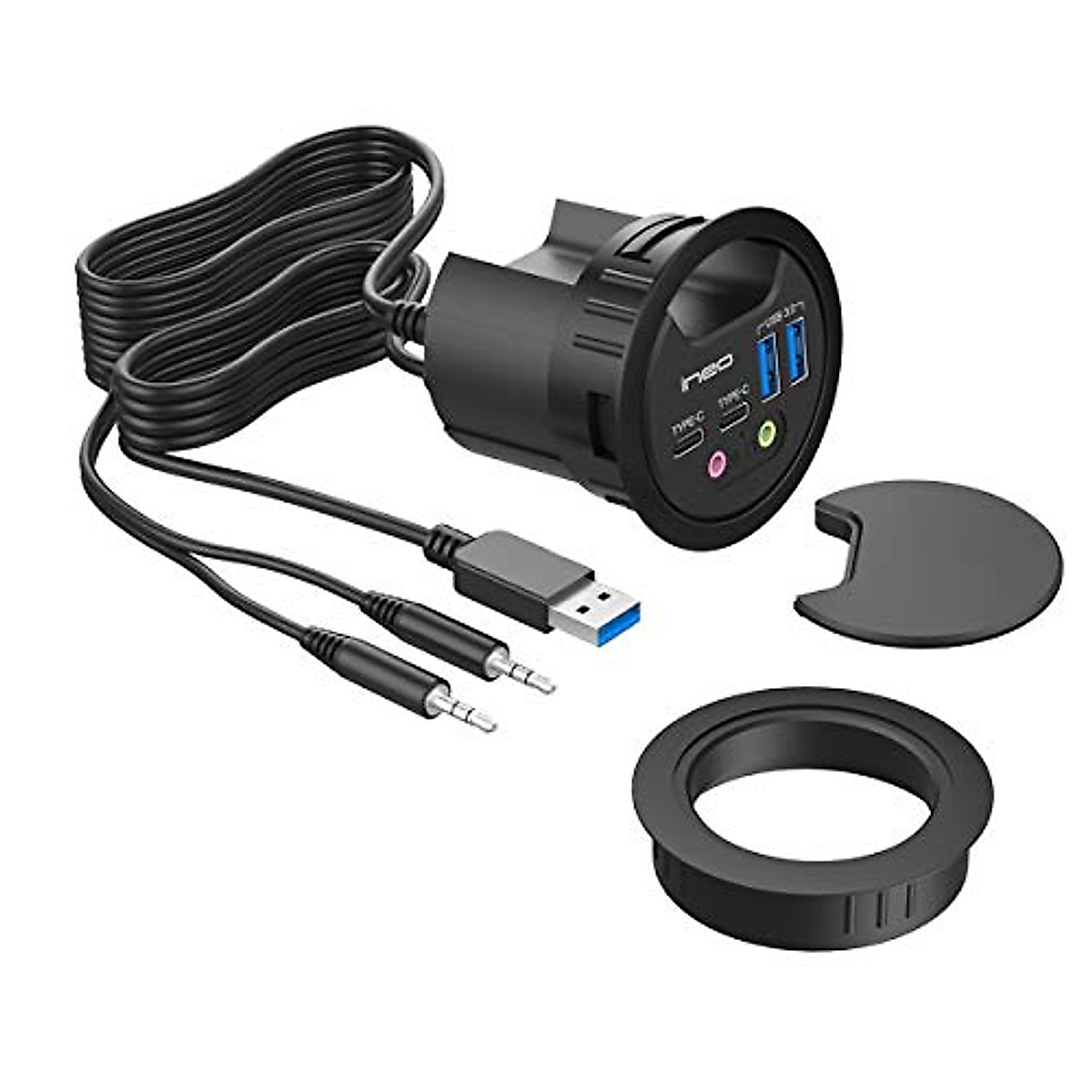 ineo Grommet Desk Fit 2Type A 2Type C with 3.5mm Audio Mic Jack Plus 3.2 inch Expandable case