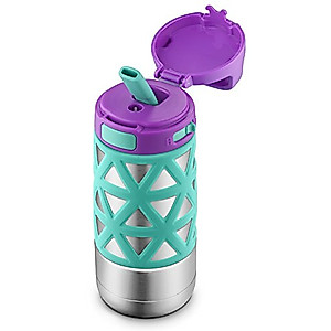 Ello Max Vacuum Insulated Stainless Steel Kids Water Bottle with Silicon Sleeve, 12 oz, Mint/Purple