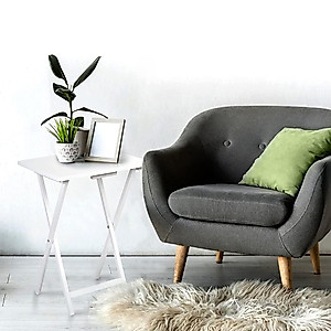 PJ Wood Lightweight Rectangle Solid Wood Construction Multifunctional Folding Table Tray with Compact Storage Rack, White, 2 Piece Set