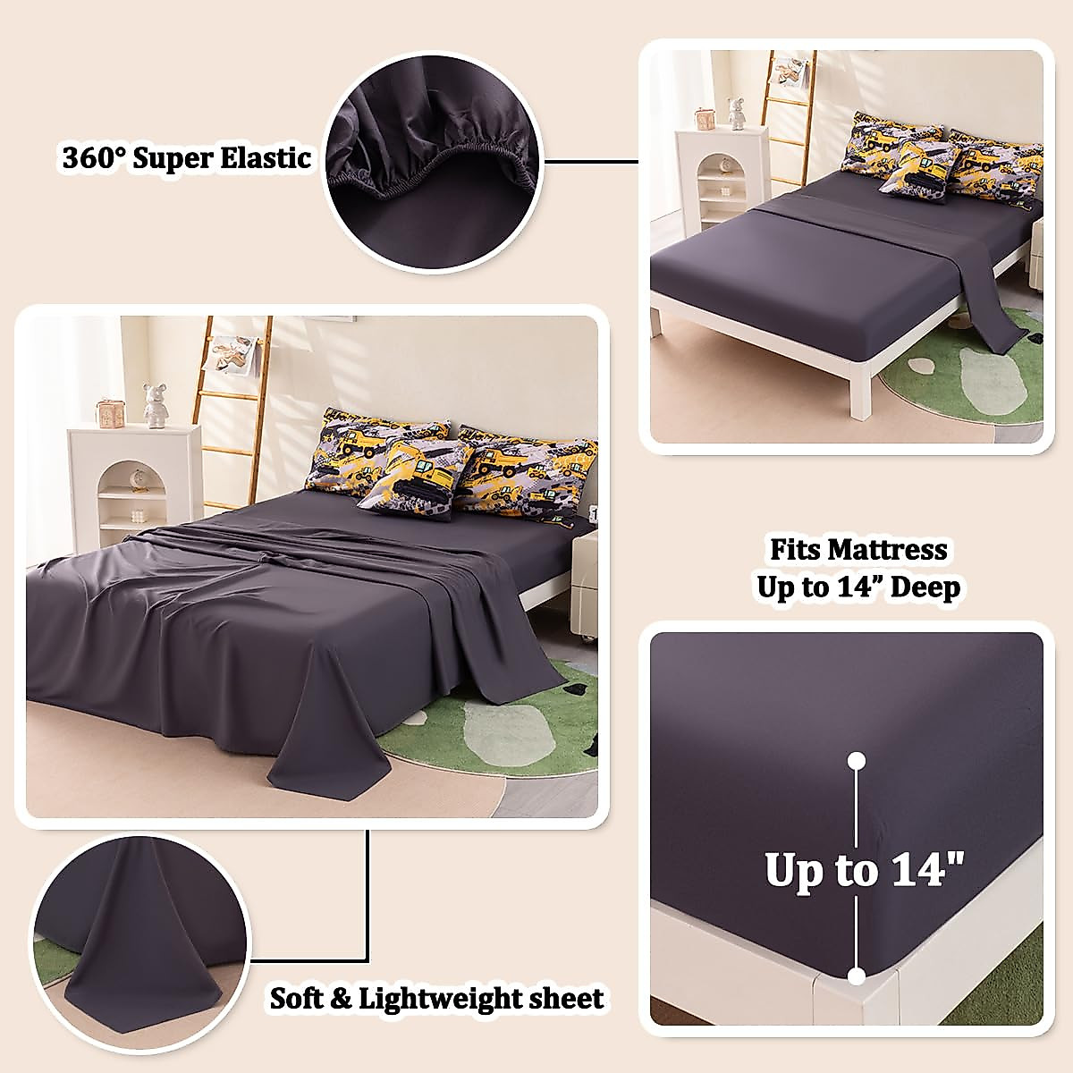 ASKOTU Truck Twin Bedding Set for Boys, 6 Pcs Kids Construction Truck Comforter Sets with Sheets, Construction Excavator Twin Boys Bedding Sets