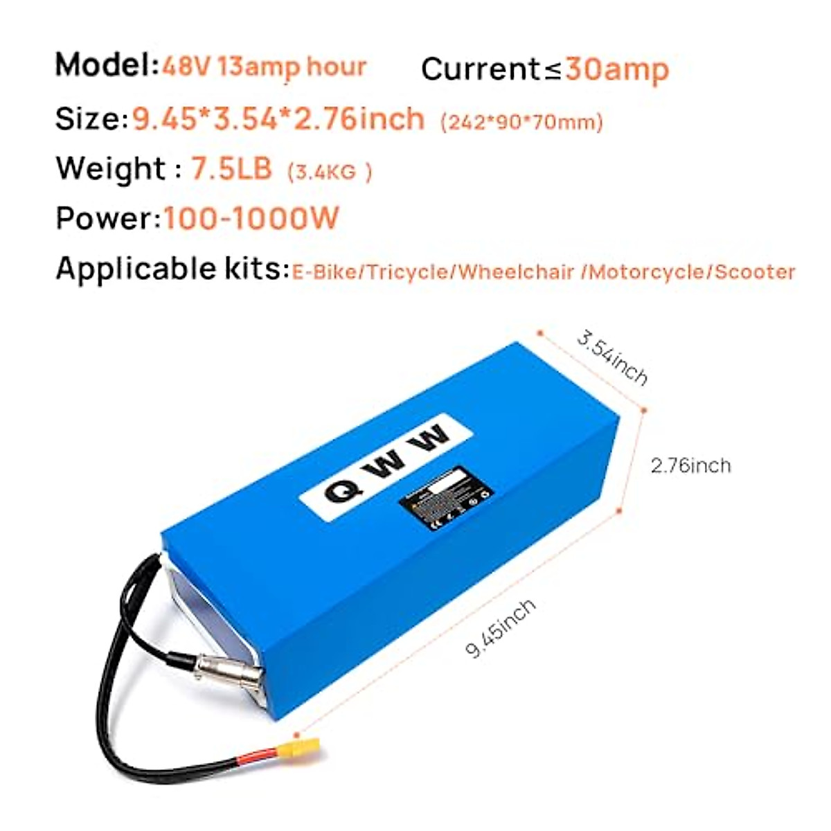 QWW 48V 13AH 30amp Battery for Electric Bicycle,48V13AH 0-1000W Battery Suitable for Electric Bicycles, Electric Scooters, etc