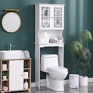 RICHRYCE Over-The-Toilet Storage, Wooden Bathroom Organizer, with 2 Glass Doors & Adjustable Shelf,Over Toilet Cabinets for Bathroom，67.1''L x 23.6''W x 8.5''H,(White)