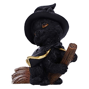 Nemesis Now Tabitha Small Witches Familiar Black Cat and Broomstick Figurine, 11cm