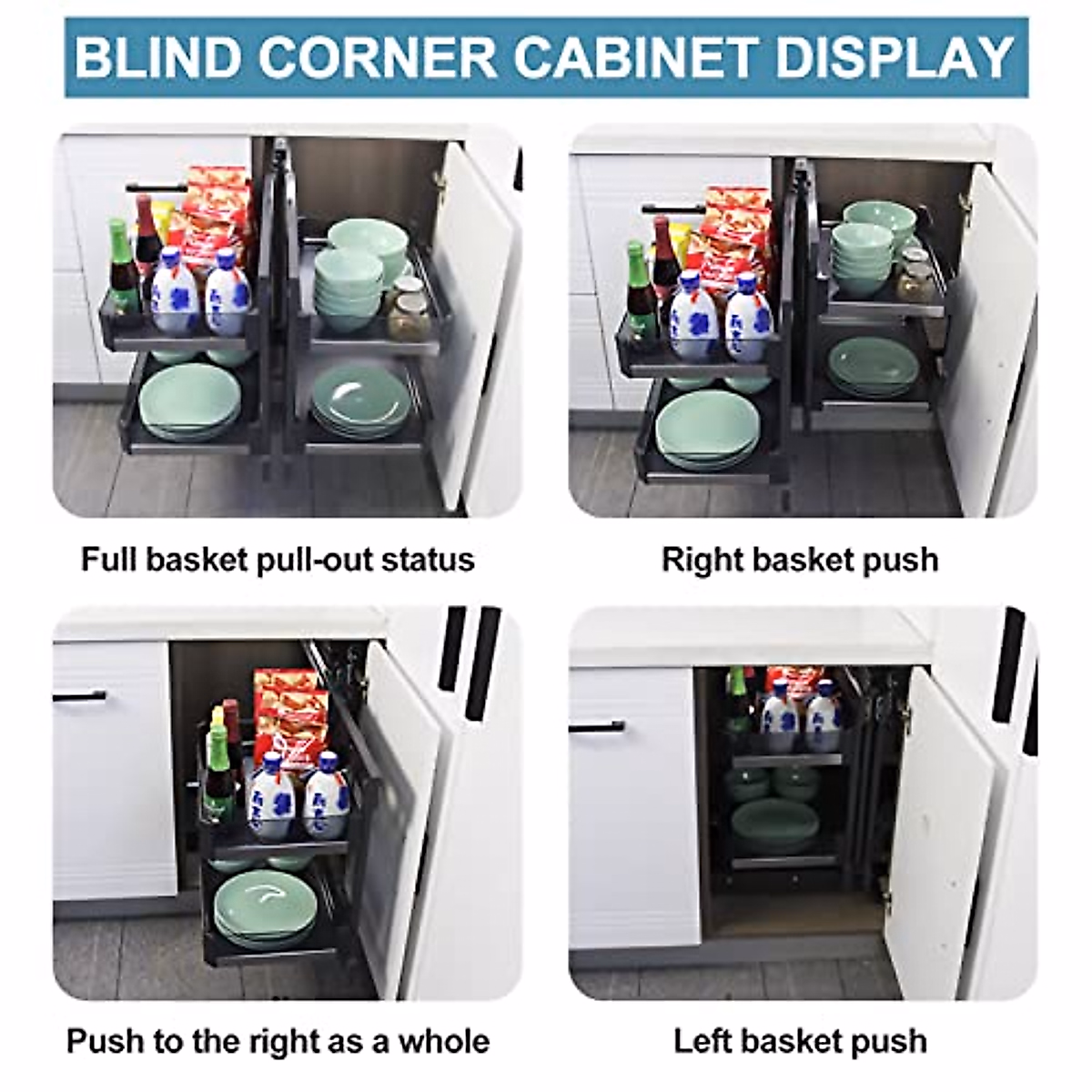FYFUSATC Blind Corner Cabinet Pull Out Organizer, Corner Kitchen Cabinet Pull Out Storage Rack Shelf 4 Aluminium Basket Corner Optimizer Pull Out Completely, Left Or Right Handed Open