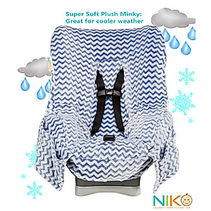 Niko Easy Wash Children's Car Seat Cover & Liner - Blue Chevron Minky - Great for Winter Weather - Universal FIT - Crash Tested - Waterproof SEAT Bottom - Mess Protection - Machine Washable