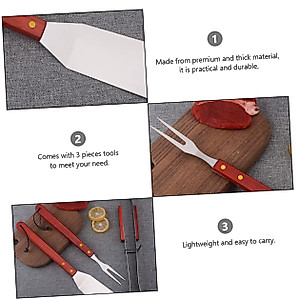 GANAZONO 3 Pcs Three Piece Barbecue Set Stainless Steel BBQ Tools Barbecue Roasting Sticks Grilling Barbeque Food Tongs BBQ Spatula Outdoor Accessories Grill Utensils Fork Wooden Major