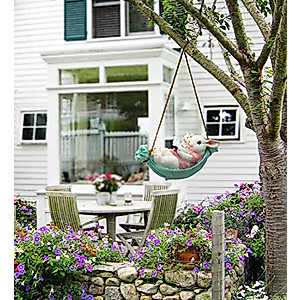 Usupgift Pink Swing Rabbit Garden Statues Cute Rabbit Figures Tree Hanging Sculpture (8.9"X4.3"X 3.9") for Outdoor Décor Garden Patio Yard Lawn