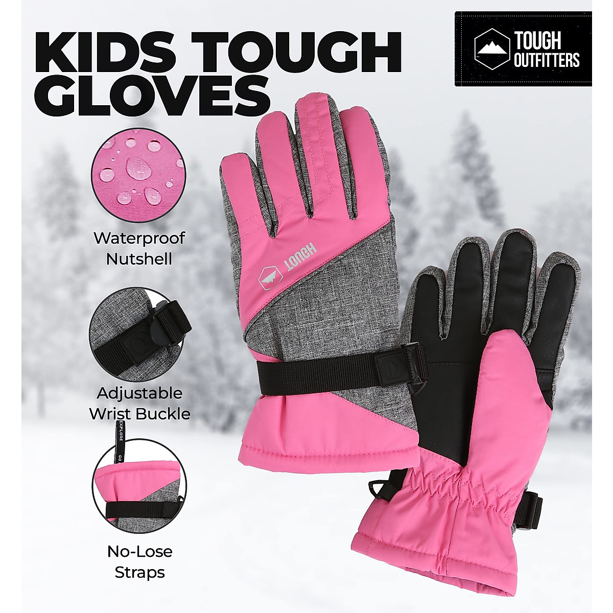 Tough Outdoors Kids Snow Gloves - Kids Ski Gloves & Youth Winter Gloves - Girls, Boys Snow Gloves - Insulated Waterproof Snow Gloves - Cold Weather Youth Ski Gloves - Skiing Gloves for Kids