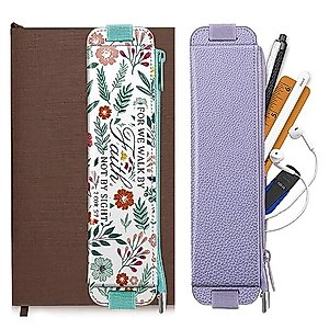 FINPAC 2-Pack Elastic Pencil Case for Notebook, Leather Pen Holder Stationery Zipper Bag for Pencils, Markers, Pen Pouch w/Elastic Band for Bible Journaling, Planners, Tablets (Spring Bloom & Lilac)