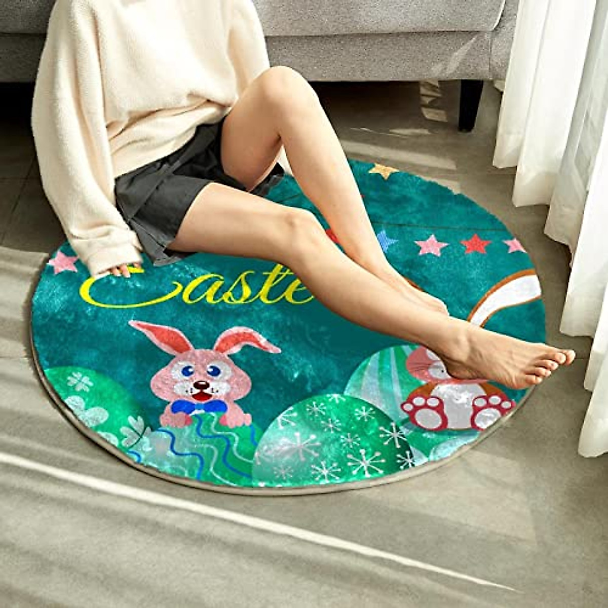 Ultra Soft Faux Fur Area Rugs Faux Rabbit Fur Round Rug, Living Room Rugs for Bedroom, Dining Room, Living Room, Easter Cartoon Bunny Eggs