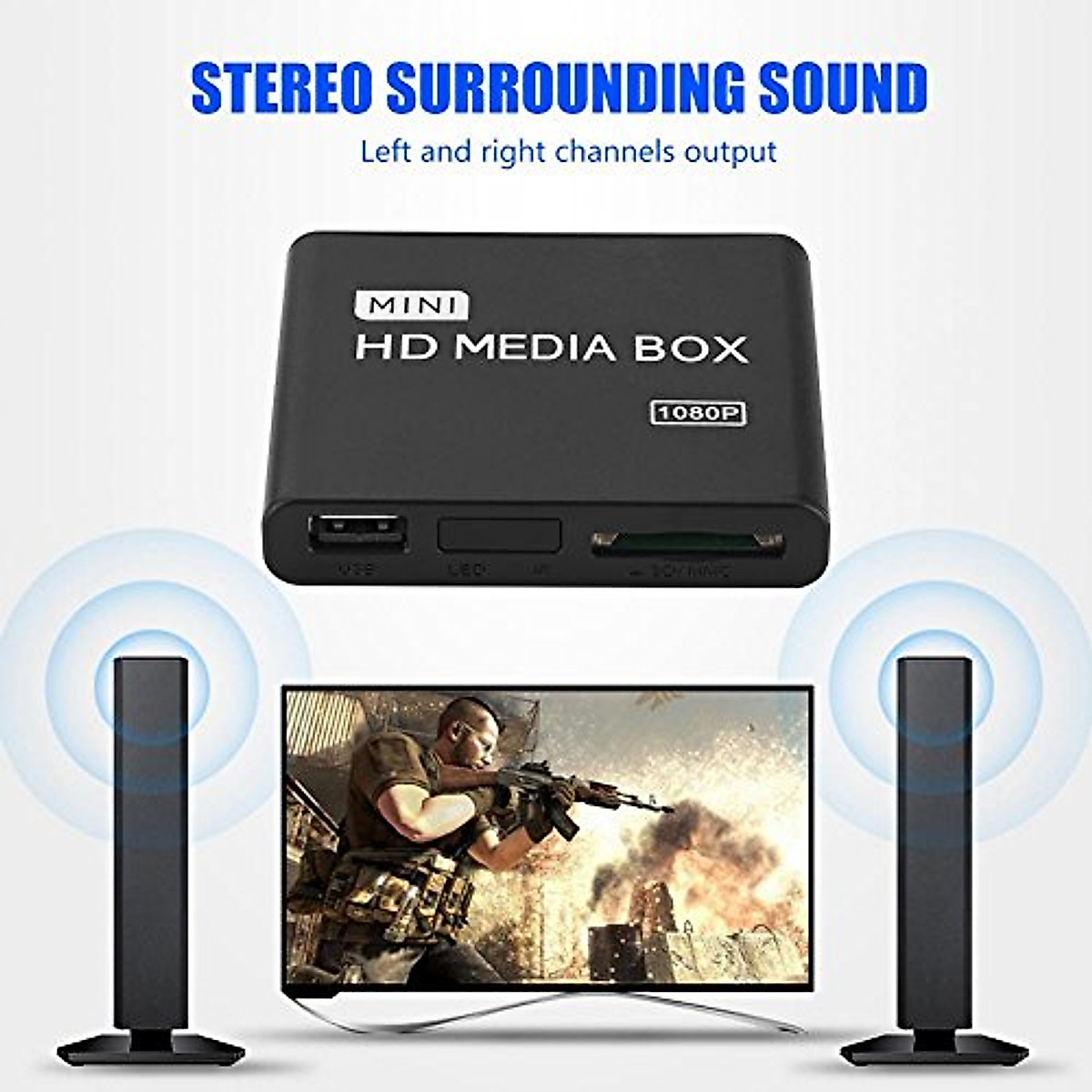 1080p HD Media Player, Mini MP4 Player Stereo Surrounding Sound with AV/HDMI/VGA/YPbPr Output with Remote Control Supports SD Cards and USB Drives Devices(US Plug)