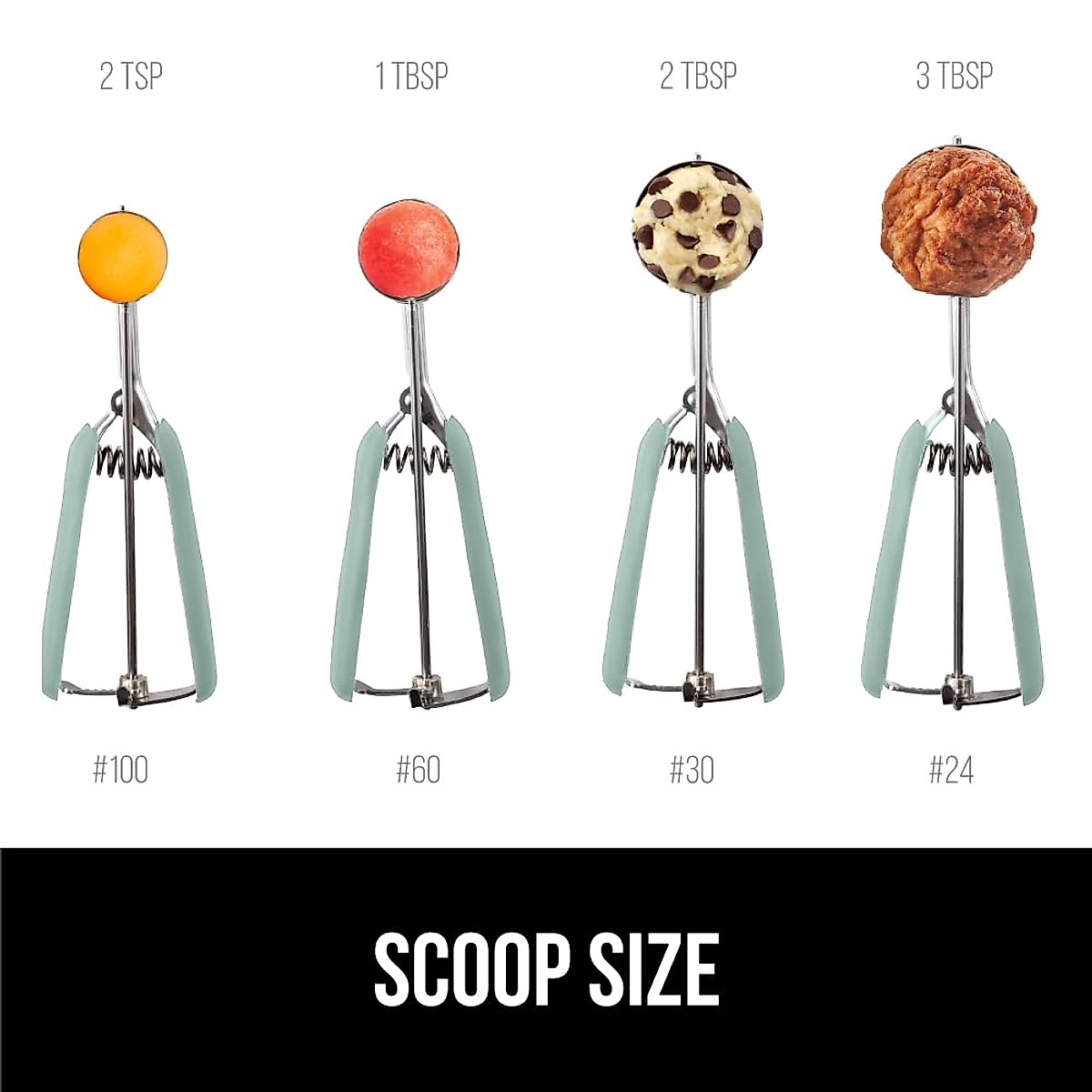 Gorilla Grip Stainless Steel Multipurpose BPA-Free Spring Scoop, 2 TBSP, Melon Ballers, Cookie Dough Scoops, Perfect Portion Sizes, Easy Squeeze and Clean Release, Scooper Size 30, Mint