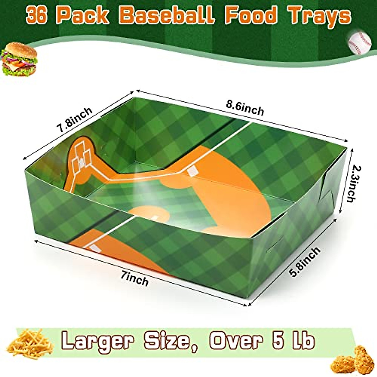 36 Pack Baseball Party Favors 5 lb Baseball Plates Food Trays Nacho Boats Large Paper Food Boats Nacho Trays Disposable Serving Snack Tray for Food, Baseball Themed Birthday Decorations