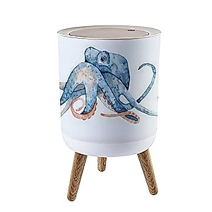 IBPNKFAZ89 Small Trash Can with Lid Watercolor Hand Drawn of Octopus in Blue Color Isolated on White Garbage Bin Wood Waste Bin Press Cover Round Wastebasket for Bathroom Bedroom Office Kitchen