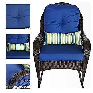 Sundale Outdoor Wicker Rocking Chair Rattan Outdoor Patio Yard Furniture All- Weather with Cushions & Lumbar Pillow (Navy)