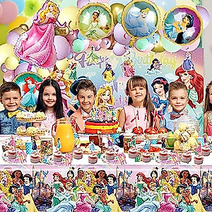 251 Pcs Princess Birthday Decorations, Princess Birthday Party Supplies Include Happy Birthday Banner, Hanging Swirls, Cake Topper, Cupcake Toppers, Backdop, Tablecloth, Balloons, Stickers, Princess Plates, Napkins, Knife, Fork and Spoon for Princess Birt