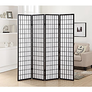 Roundhill Furniture Oriental Shoji 4 Panel Screen Room Divider, Black