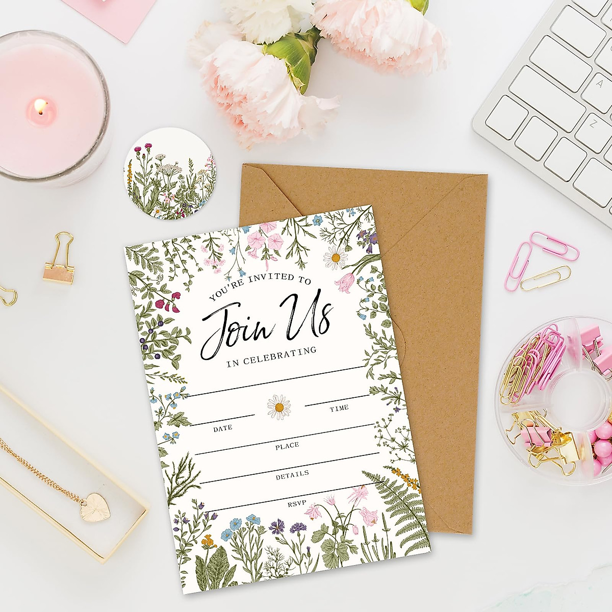 Whaline 25 Packs Vintage Floral Invitations with Envelopes and Stickers Retro Wildflower Invitation Cards Flower Blank Invites for Wedding Birthday Bridal Baby Shower Party, 5 x 7 Inch