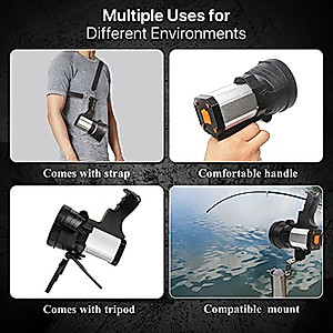 Rechargeable Spotlight Flashlight, 10000 Lumen LED Handheld Spotlight 10000mAh Long Lasting Spot Light Torchlight Searchlight Flood Fishing Hiking Camping Hunting Flashlight USB Output with Tripod