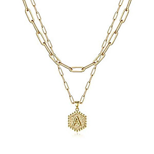 Dainty Layering Initial Necklaces for Women, 14K Gold Plated Paperclip Chain Necklace for Women Trendy Hexagon Letter Pendant Initial A Necklace Choker Necklaces Gold Layered Necklaces for Women Trendy