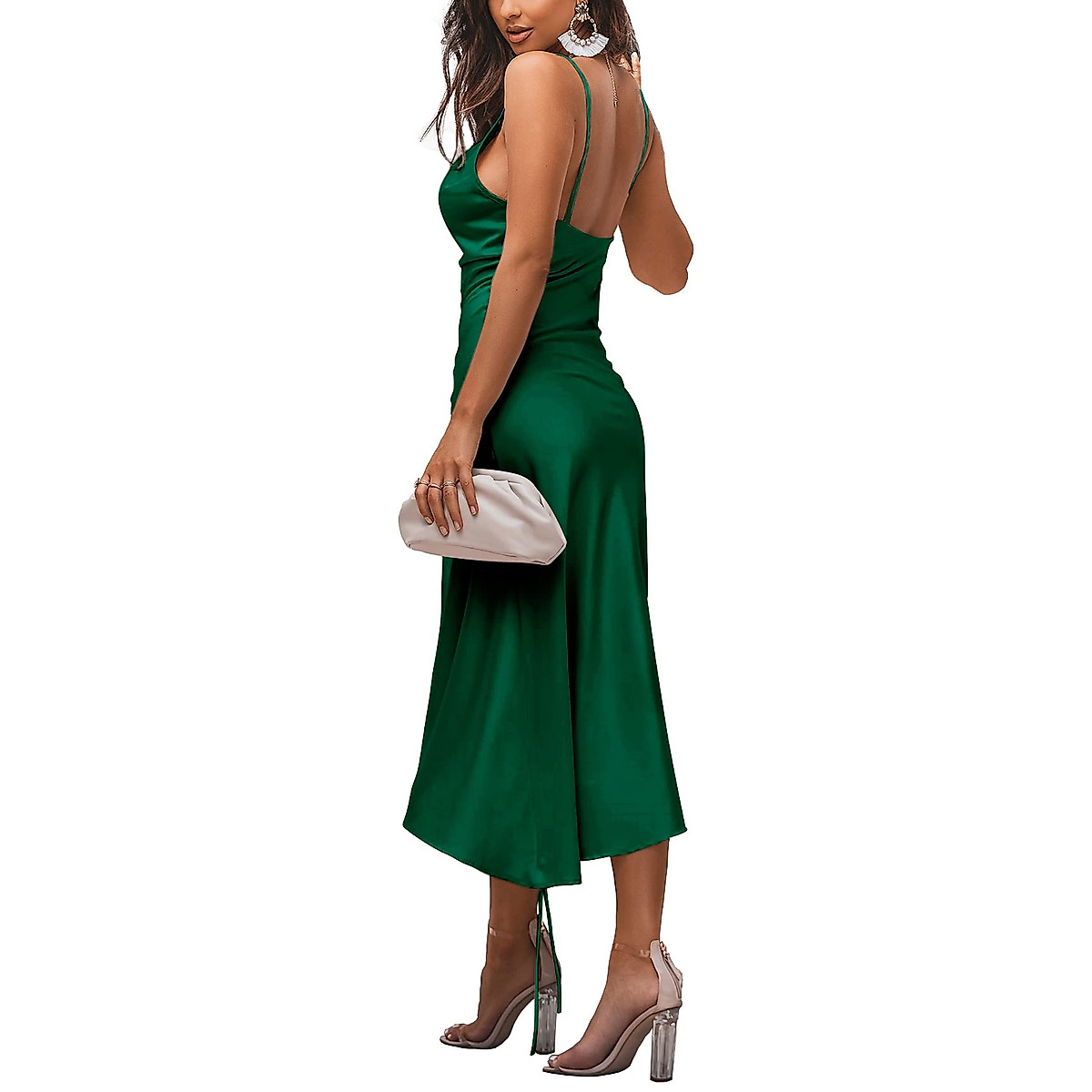 LYANER Women's Satin Spaghetti Straps Cowl Neck Sexy Ruch Cocktail Midi Dresses Dark Green Large