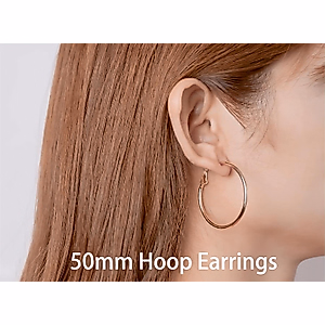 4 Pairs Fashion Big Hoop Earrings, Lightweight Large Hoop Earrings Hypoallergenic 14K Gold Plated Big Hoops for Women (50mm- 14K Gold, Rose Gold, Silver, Black)