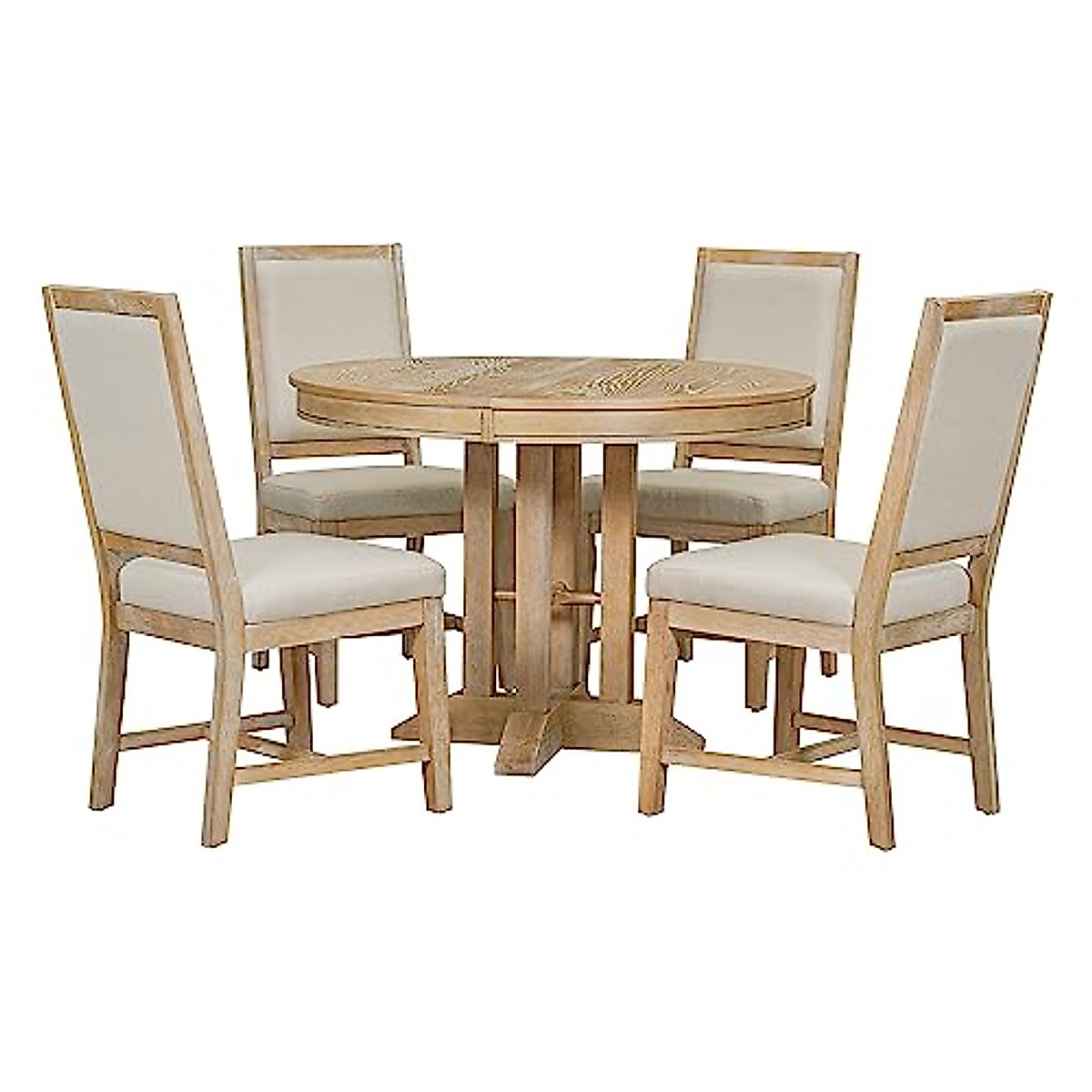 KoiHome 5 Piece, 42"-58" Farmhouse Round Extendable 16" Leaf and 4 Upholstered Chairs, Set of 5, Family Dining Table Set for Restaurant, Kitchen (Natural Wood Wash)