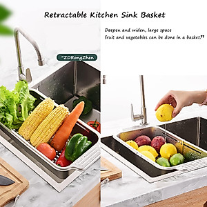 ZDRongZhen Kitchen Supply-Over The Sink Stainless Steel Retractable Kitchen Sink Basket -Wash Vegetables and Fruits, Drain Pasta and Dry Dishes,Extendable (Medium Silver)