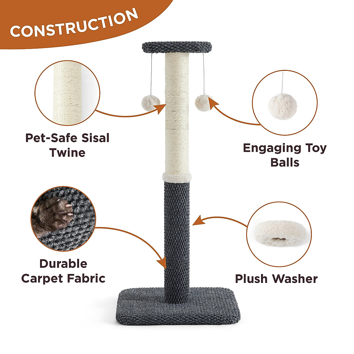Lesure 29" Tall Cat Scratching Post - Premium Sisal Rope Highly Resistant Carpet Scratching Posts for Indoor Cats Adults, Sturdy Large Cat Scratch Pole with Hanging Ball, Grey(29 inch)