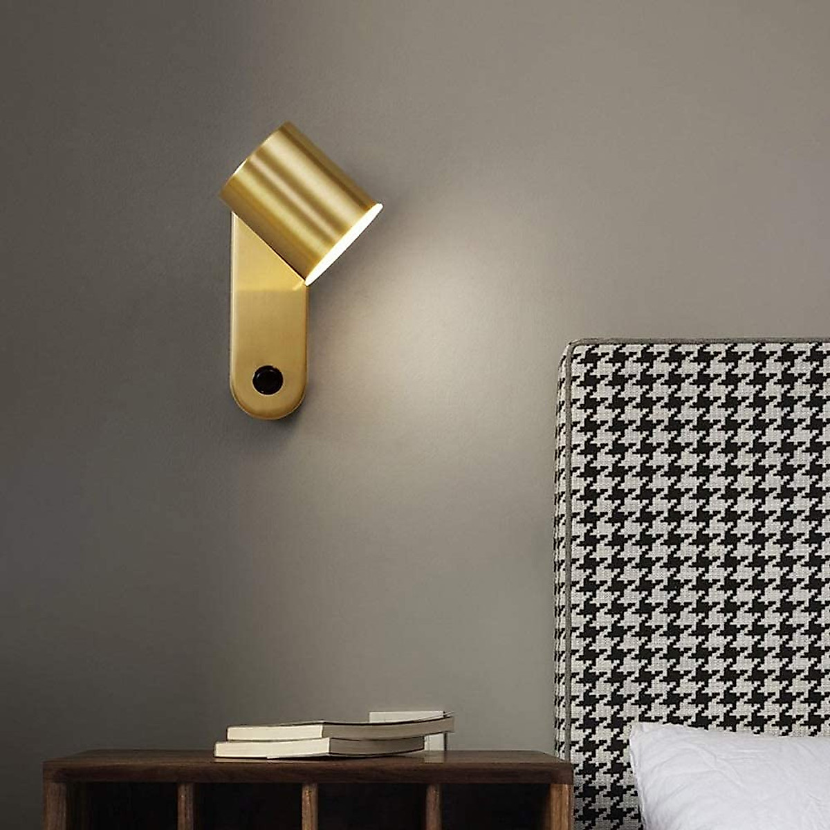Cordless Wall Sconce Nordic Mini Wall Lamp Brushed Gold Finish Brass Bracket with Pressure Sensor Switch LED Wall Light 7W Dimmable Decorative Fixture Adjustable Head Sconce for Bedroom Bedside Lighti