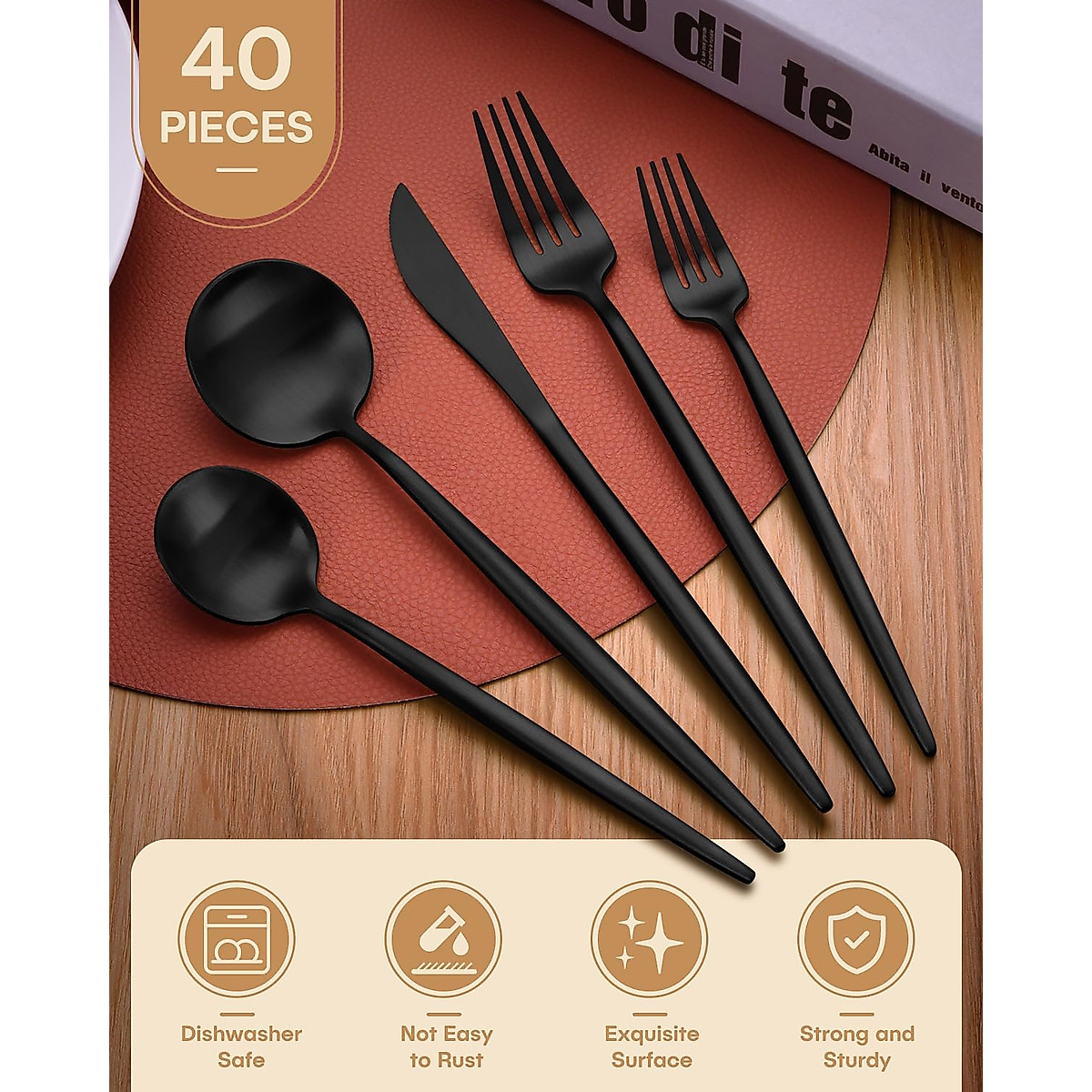 Ollex 40-Piece Black Silverware Set for 8 Stainless Steel Flatware Set with Knives Forks and Spoons Utensil set, Satin Finish Tableware Cutlery Set, Dishwasher Safe