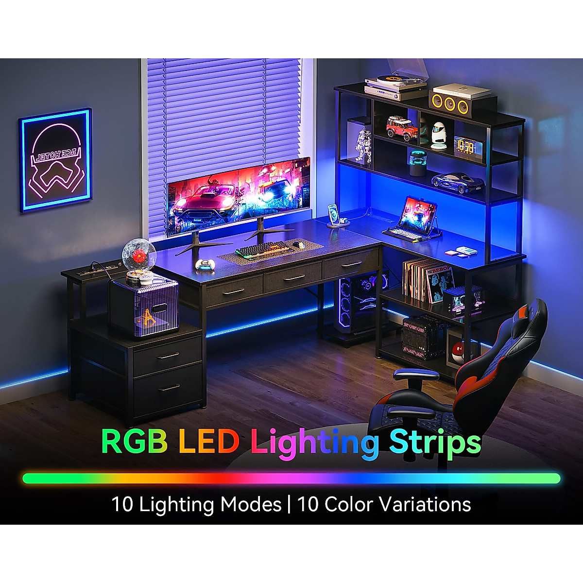 AODK 79 inch L Shaped Desk with File Drawers, Reversible L Shaped Gaming Desk with Power Outlets & LED Lights, Computer Desk with Storage Shelves for Home Office, Black