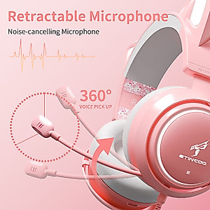 EASARS Cat Ear Headset, Pink Gaming Headset with Retractable Mic, 7.1 Surround Sound, RGB Lighting, Wired Headset for PC, PS4, PS5