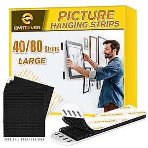 EMITEVER Picture Hanging Strips Heavy Duty, Damage Free Hanging Picture Hangers for Walls, Picture Hanging Kit, Hanging Hooks Without Nails, Black Adhesive Poster Wall Strips 20-Pairs (40 Strips)
