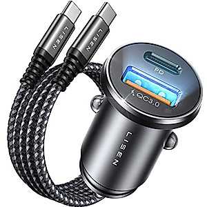 48W USB C Car Charger All Metal Fast USB Car Charger Adapter with 60W 3.3ft Nylon Braided Type C Cable LISEN Compact Cigarette Lighter USB Charger PD&QC3.0 Dual Port for Samsung S22/Pixel/Android/iPad