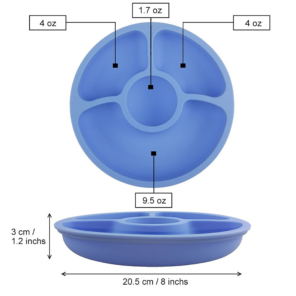 SILIVO 4 Pack Toddler Plates, Divided Plates for Adults and Kids - Silicone Sectional Serving Platters,Snack Serving Dishes for Parties