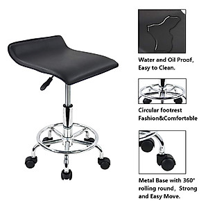 KKTONER Square Height Adjustable Rolling Stool with Foot Rest PU Leather Seat Cushion Spa Drafting Salon Tattoo Work Swivel Office Stools Task Chair Seat Length: 15.5", Width: 15.2" (Black)