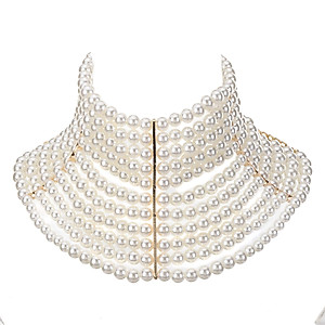 Chunky Statement Necklace, Pearls Bib Necklace Costume Novelty Fashion Jewelry White