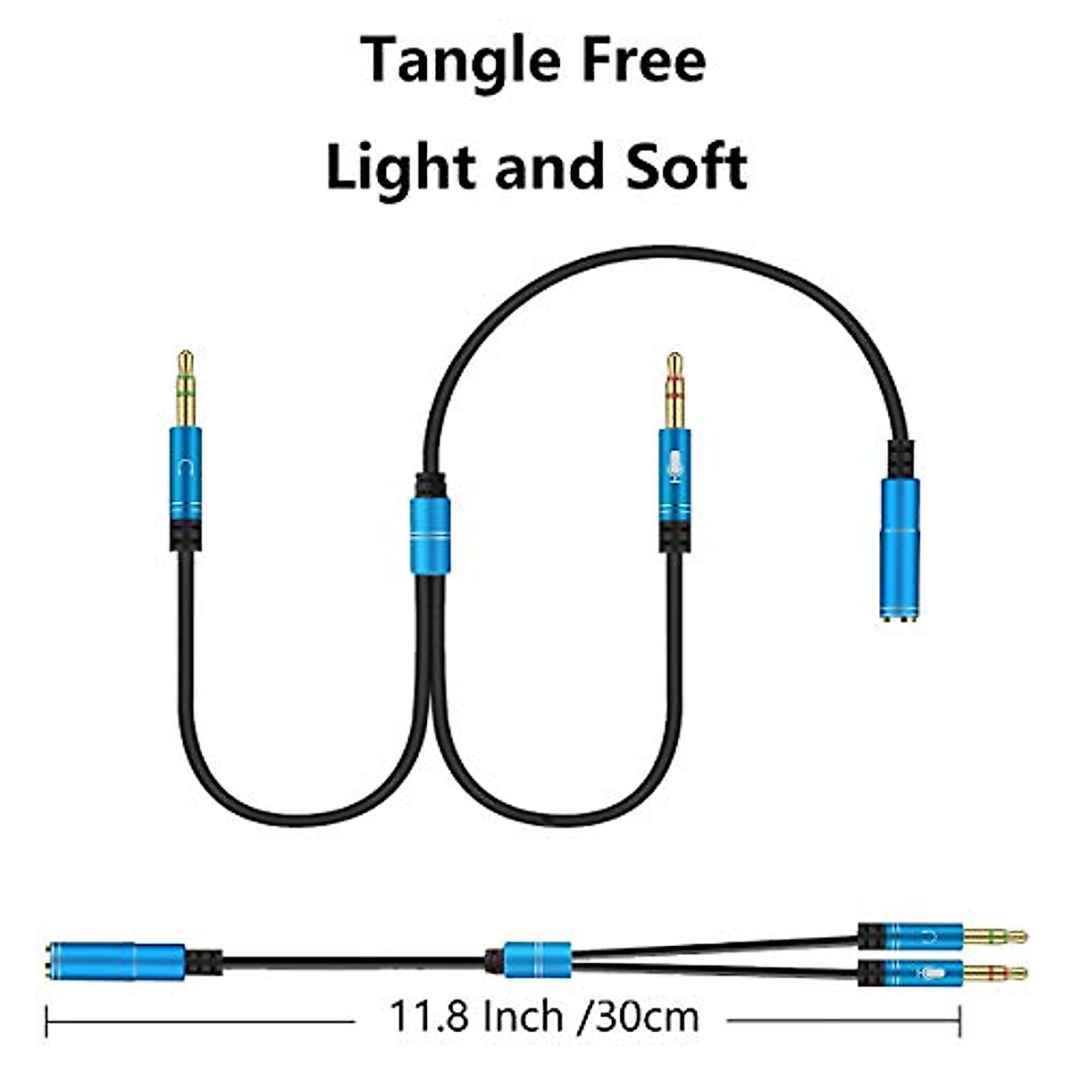 Headset Splitter Adapter for PC, Y Splitter Cable with Audio/Mic, 3.5mm Jack Headphone Adapter for Computer (Female to 2 Dual Male/Blue)