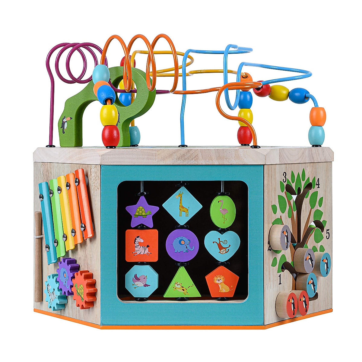 Teamson Kids Preschool Play Lab 7-in-1 Large Wooden Activity Cube Station Center Bead Maze and Counting for Kids Baby Toys, Natural