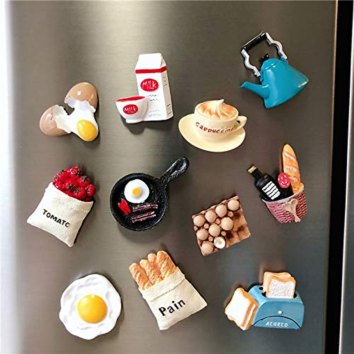 Feadem 10pcs Fridge Magnets Set, 3D Resin Magnet Refrigerator Stickers, Cute Food Shaped Magnets Home Refrigerator Stickers Creative Cute Food Shape Magnetic Bread Milk Bacon Fried Egg Pan