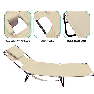 Face Down Tanning Chaise Lounge Chair - Face & Arm Holes - 2 Legs Support - Polyester Material – Backrest Positions - Head Rest Pillow - Beach or Home Use - Read and Tan - Tan Stripes Pattern