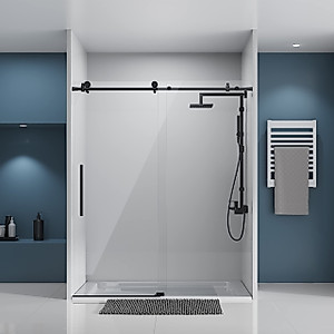 DELAVIN 56-60" W x 75" H Frameless Sliding Shower Door, Glass Door with 5/16" (8mm) Clear SGCC Tempered Glass, Explosion-Proof Film, Stainless Steel Hardware, Matte Black