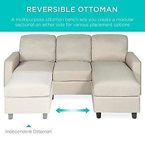 Best Choice Products Upholstered Sectional Sofa for Home, Apartment, Dorm, Bonus Room, Compact Spaces w/Chaise Lounge, 3-Seat, L-Shape Design, Reversible Ottoman Bench, 680lb Capacity - Beige