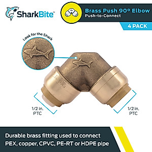 SharkBite 1/2 Inch 90 Degree Elbow, Pack of 4, Push to Connect Brass Plumbing Fitting, PEX Pipe, Copper, CPVC, PE-RT, HDPE, U248LFA4
