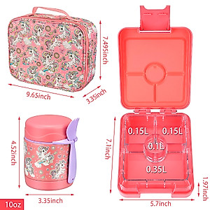 Bento Lunch Box Set for Kids with 10oz Soup Thermo, Leak-Proof Lunch Containers with 4 Compartment, Kids Thermo Hot Food Jar and Insulated Lunch Bag for Kid to School,BPA-Free(Pink-Horse)