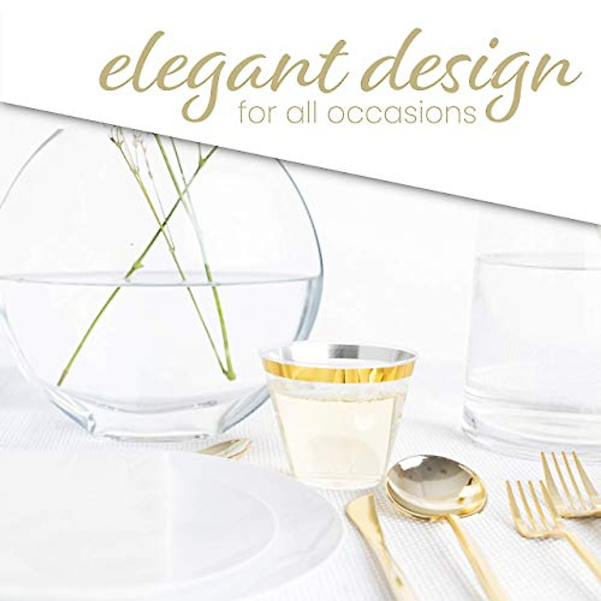 PLASTICPRO 9 oz Disposable Plastic Party Cups,Old fashioned Designed Tumblers, With gold Rim 100 Count, Crystal Clear