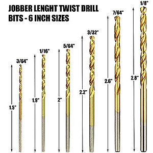 Hymnorq Jobber Length Mini Twist Drill Bits Set of 60pcs Six Fractional Inch Sizes, 3/64 1/16 5/64 3/32 7/64 1/8 Inch Titanium Coated HSS 4341 for Wood Plastic and Soft Metal Sheet