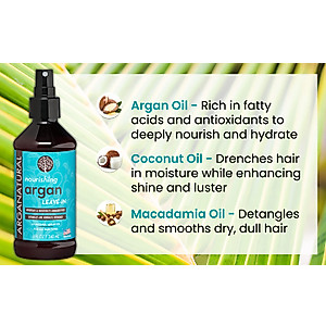 Arganatural Argan Leave-In Conditioner & Detangler for Damaged Hair, 8 fl oz Spray Bottle, Macadamia and Argan Oil, Paraben Free Hair Care
